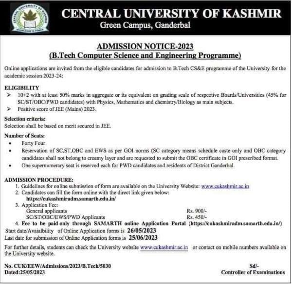 Central University of Kashmir Admission Notice 2023 (B.Tech Computer ...