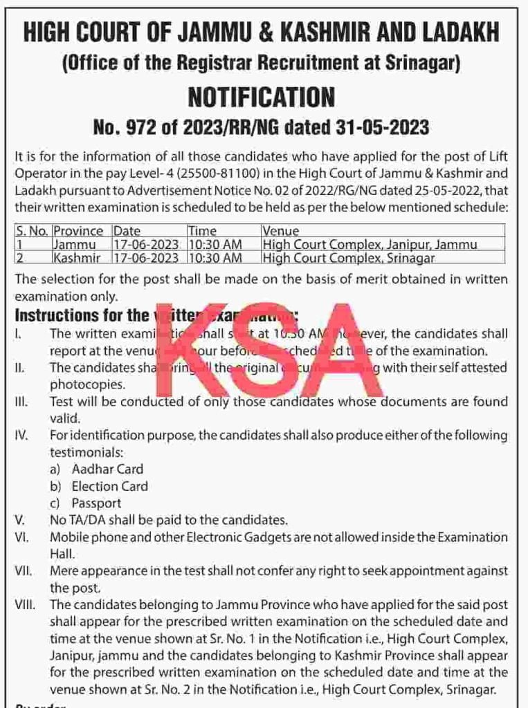 High Court Of J&K And Ladakh Recruitment Notification 2023