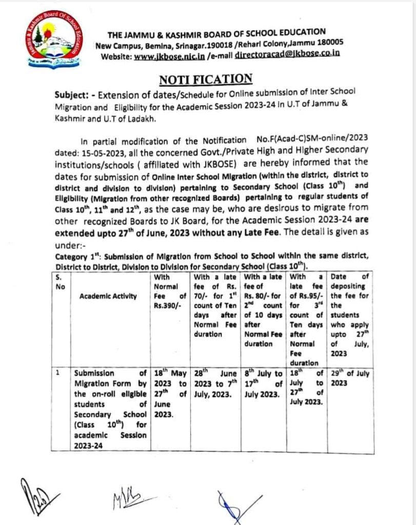 JKBOSE 10th 11th and 12th Inter School Migration Notification 2023 ...