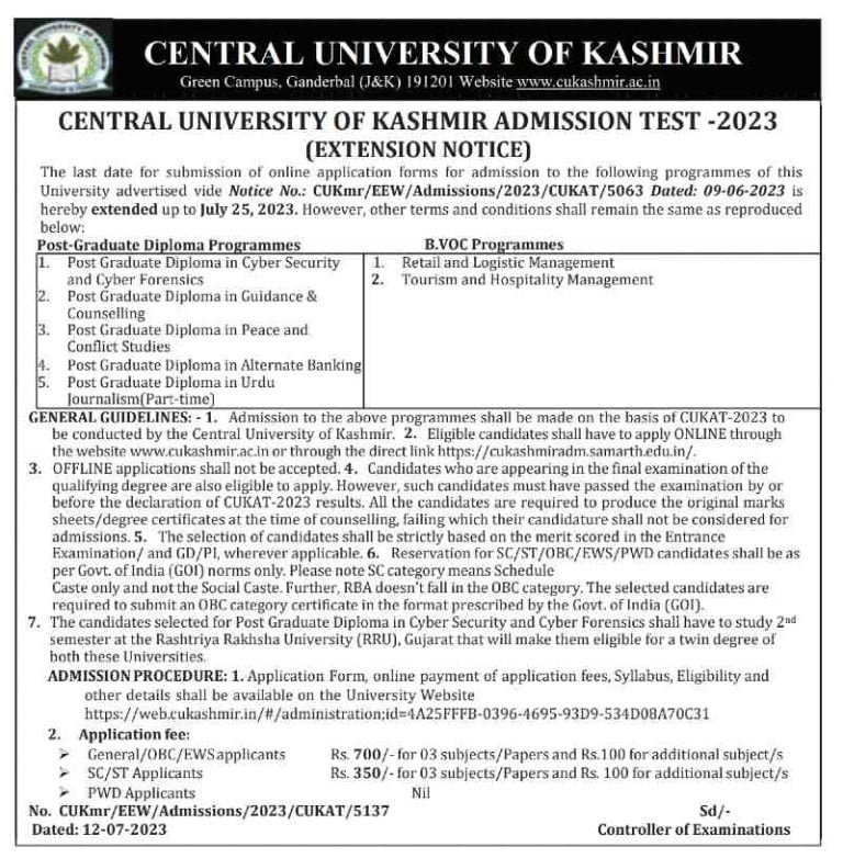 Central University Of Kashmir Admission Test -2023 (Extension Notice)