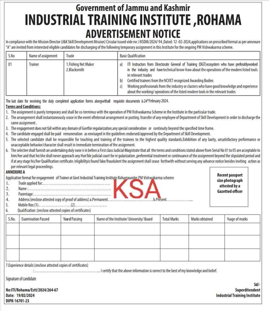 J&K ITI Recruitment 2024 Application form, Eligibility, Last Date