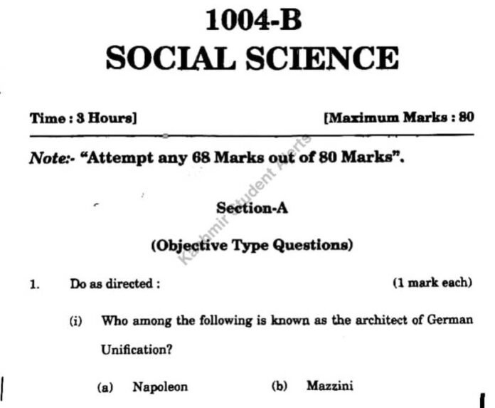 JKBOSE Class 10th Social Science Question Paper 2025: Download PDF ...