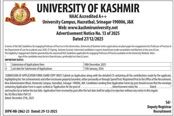 University of Kashmir Invites Applications for Professor of Practice ...