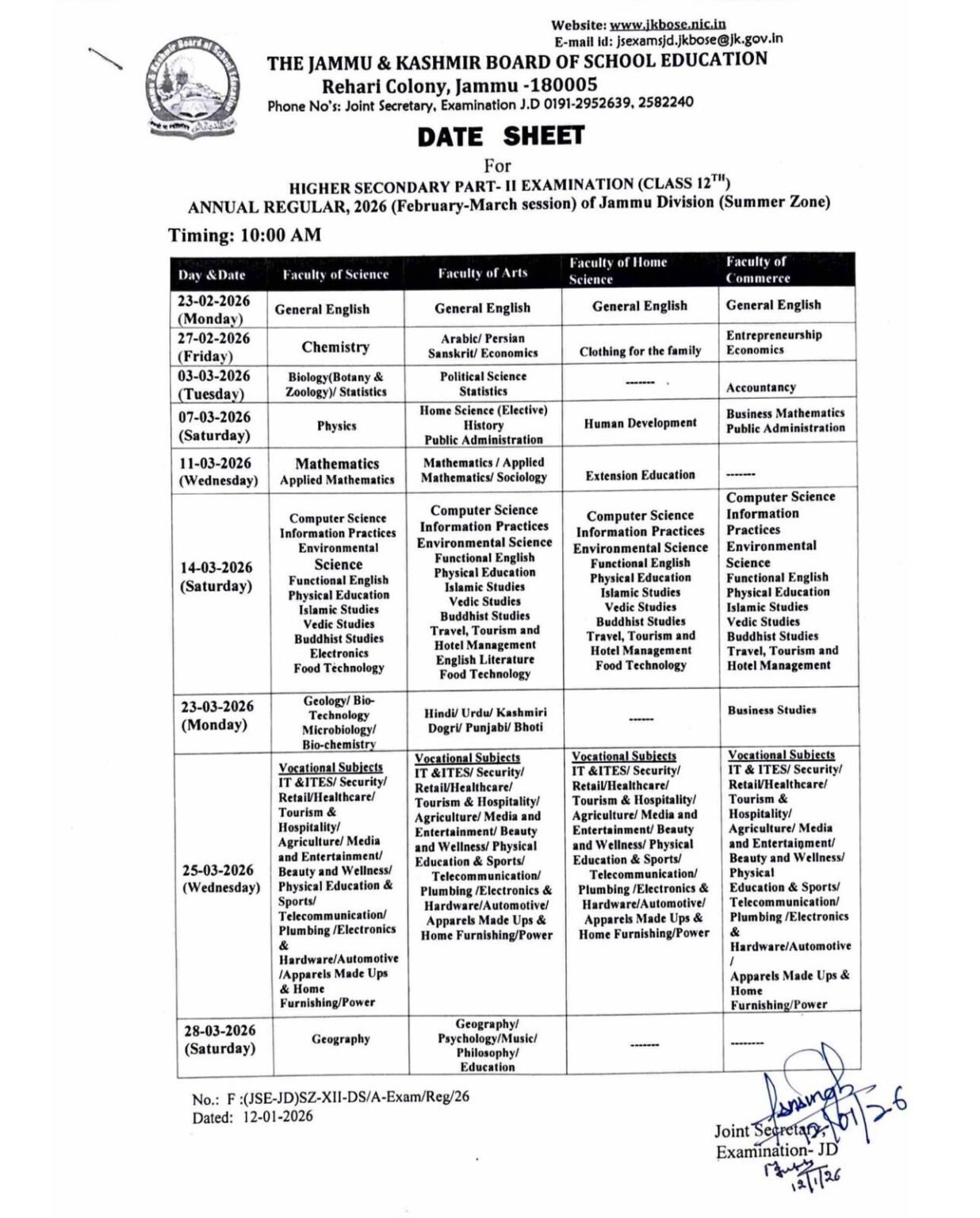 JKBOSE Class 12 Date Sheet 2026 Released for Jammu Summer Zone ...